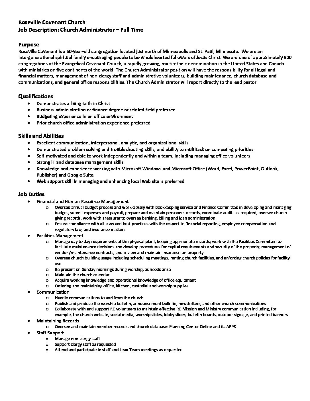 Church Job Description Template